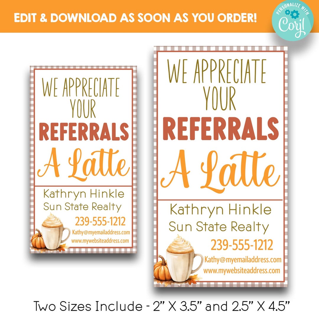 EDITABLE I Appreciate Your Referrals A Latte Fall Marketing Tags ...