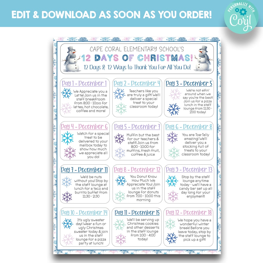EDITABLE Snow Themed Twelve Days of Appreciation Flyer | Winter Staff ...