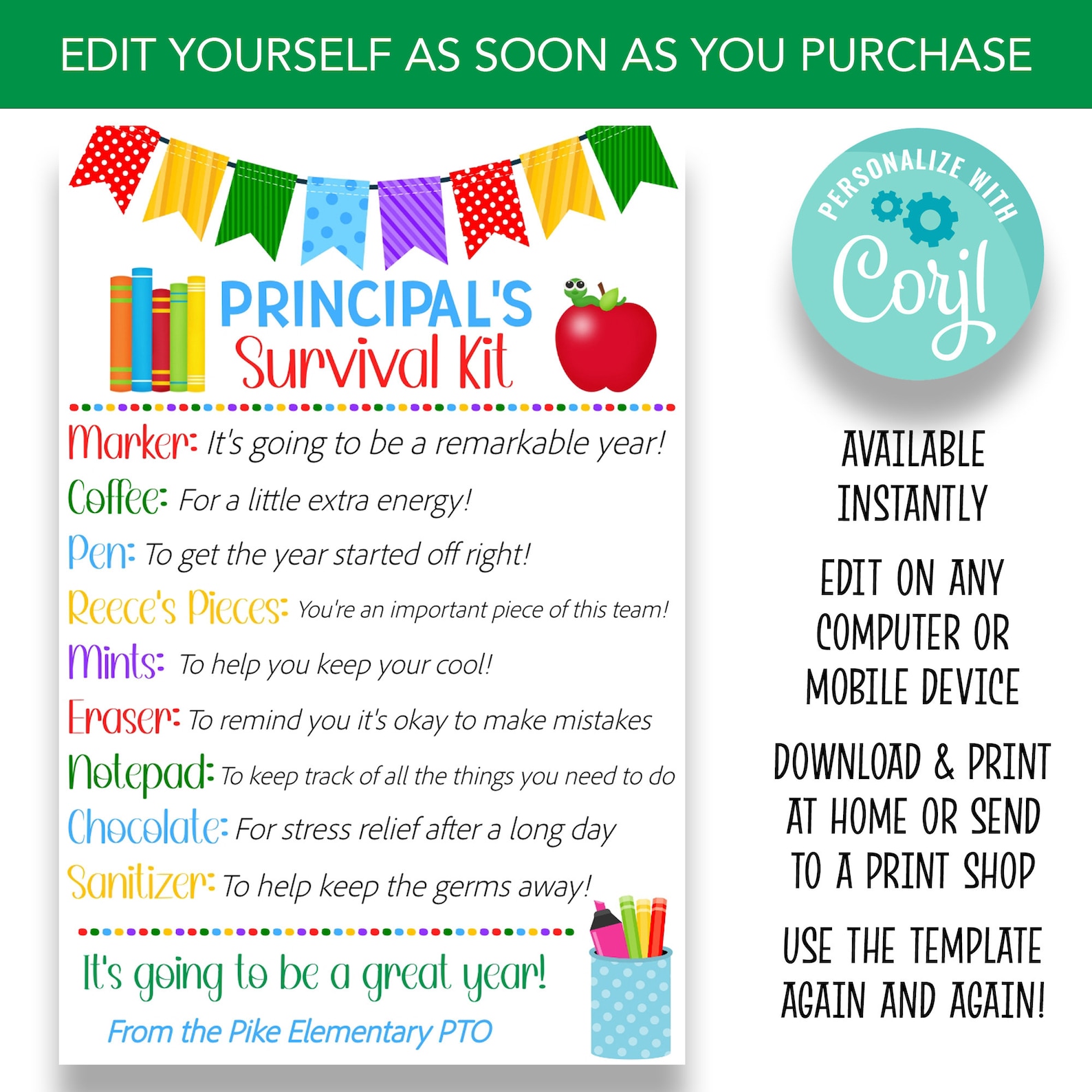 EDITABLE Principal's Survival Kit Tag Back to School - Etsy