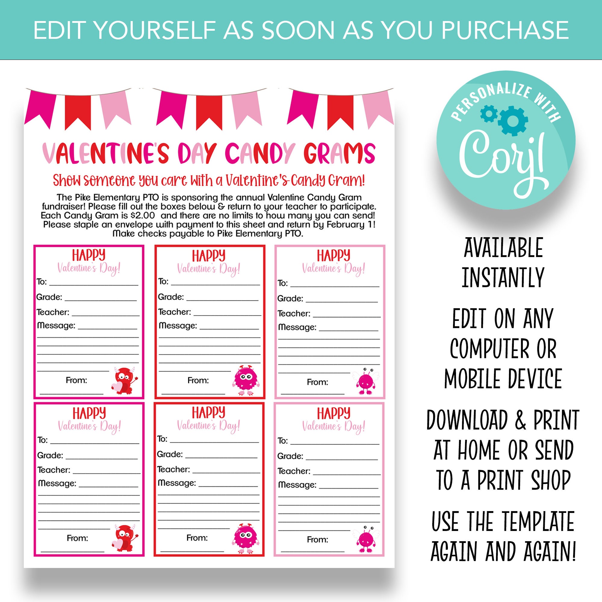 EDITABLE Valentine's Day Candy Gram Flyer Valentine - Etsy