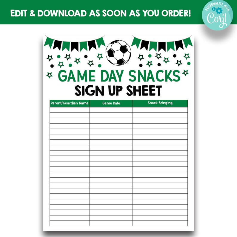 EDITABLE Soccer Game Day Snack Sign up Sheet | Game Day Snacks Sign up ...