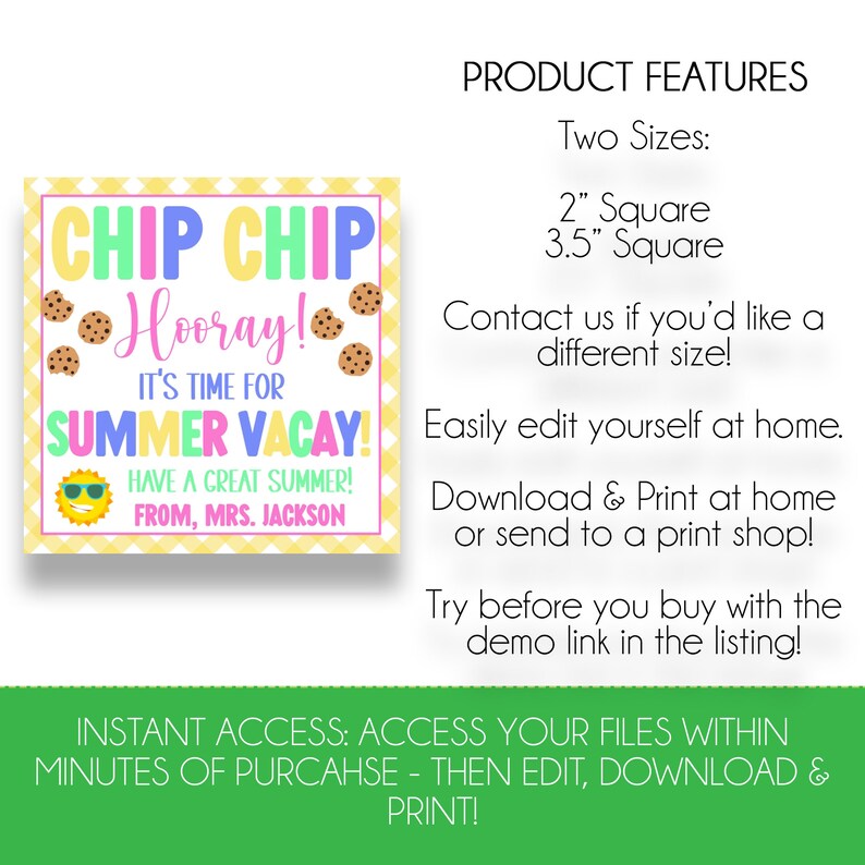 EDITABLE Chip Chip Hooray It's Time for Summer Vacay Gift Tag | End of ...