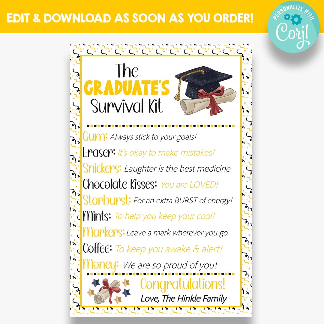 EDITABLE the Graduate's Survival Kit Tag | Graduation Gift Idea ...