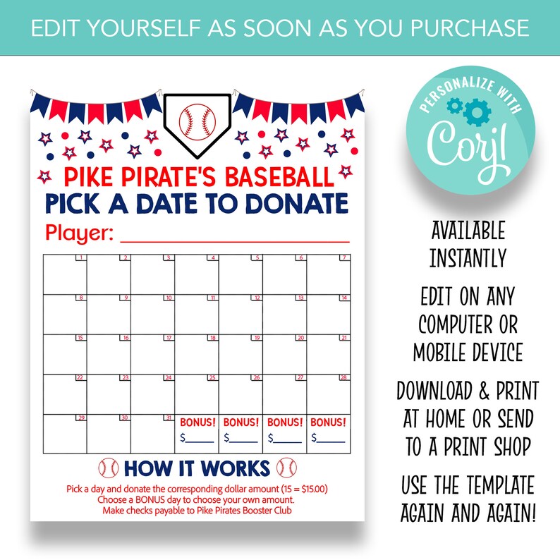 EDITABLE Pick a Date to Donate Printable Baseball Team - Etsy