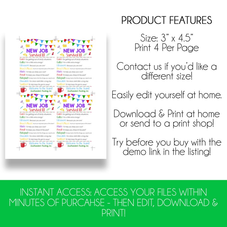 EDITABLE New Job Survival Kit Tag | New Job Gift Idea | Printable ...