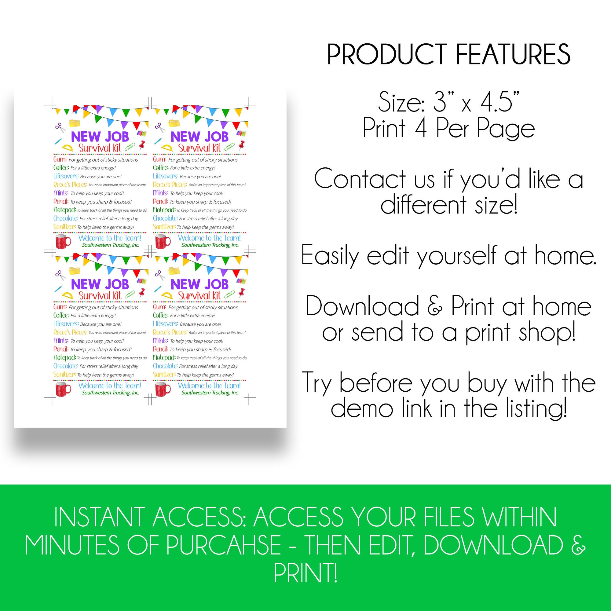 EDITABLE New Job Survival Kit Tag | New Job Gift Idea | Printable ...