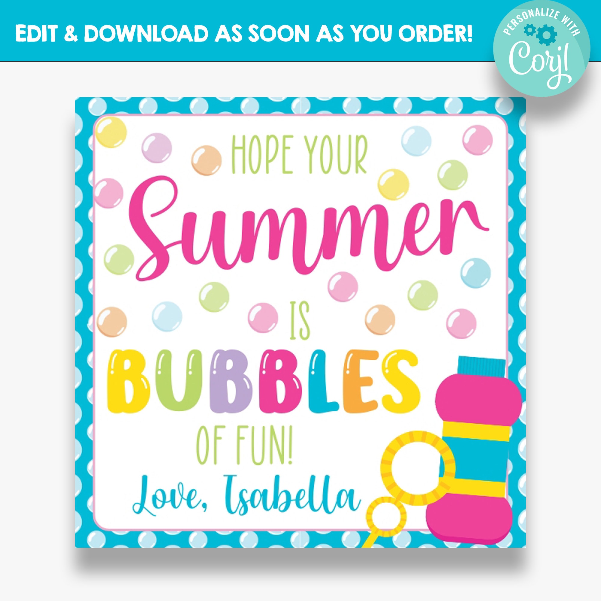 EDITABLE Hope Your Summer is Bubbles of Fun Kids Gift Tags - Etsy