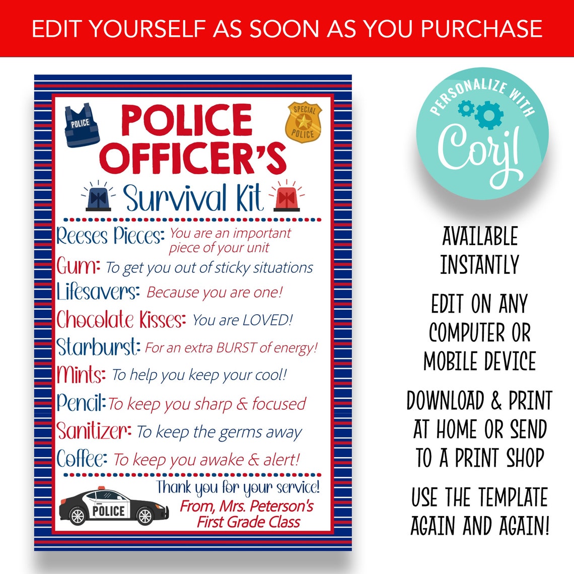 EDITABLE Police Survival Kit Tag Police Officer Gift Idea - Etsy