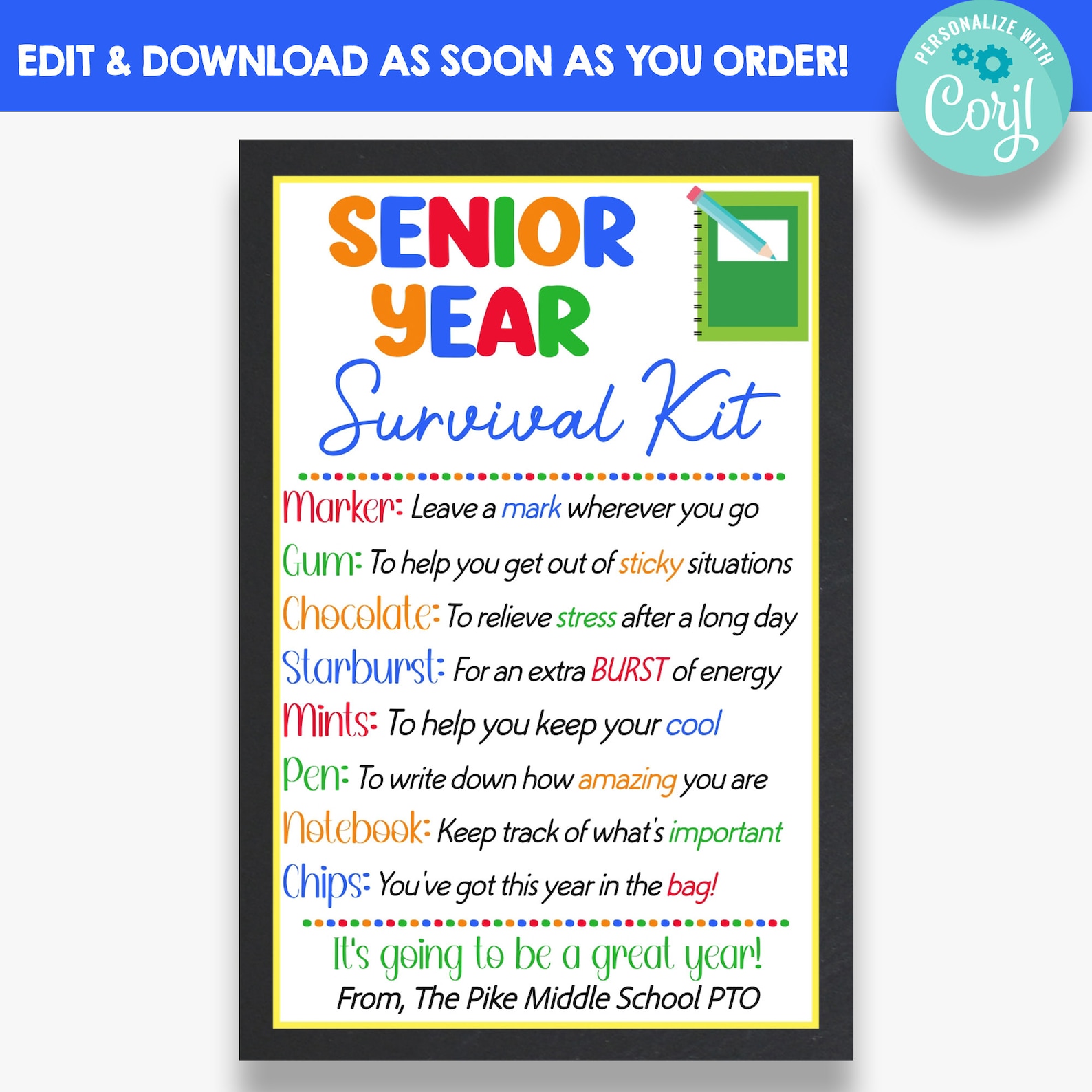 EDITABLE Senior Year Survival Kit Gift Tags Back to School - Etsy