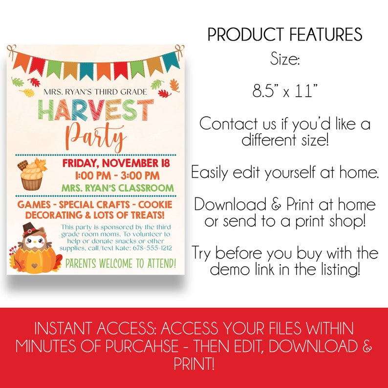 EDITABLE Class Harvest Party Flyer | School Fall Party Newsletter ...
