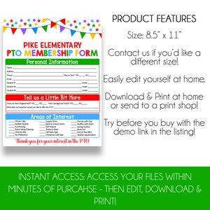 Editable PTO Membership Form Printable PTA Sign-up Sheet Volunteer Sign ...