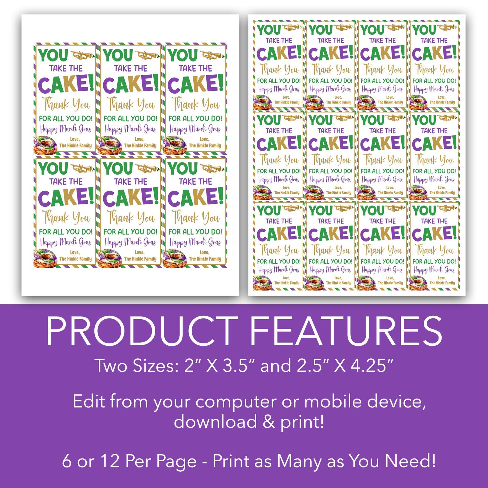 EDITABLE You Take the Cake Mardi Gras Appreciation Tags | King Cake ...