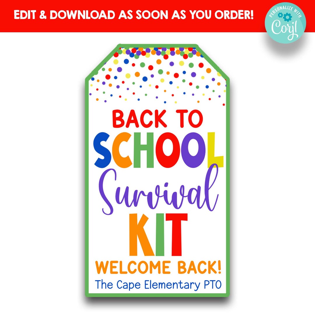 EDITABLE Bright Back to School Survival Kit Treat Bag Tags | School ...