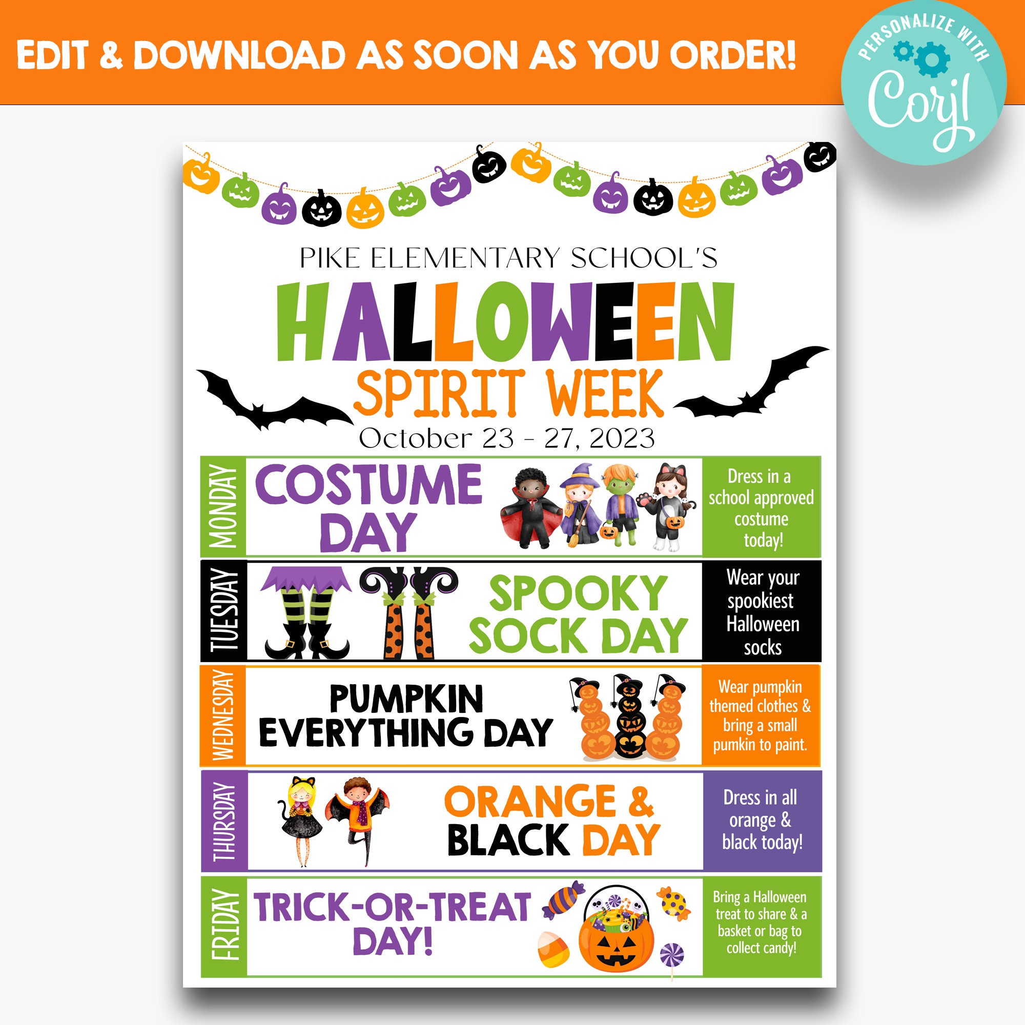 EDITABLE Halloween Spirit Week Flyer | School Halloween Dress up Week ...