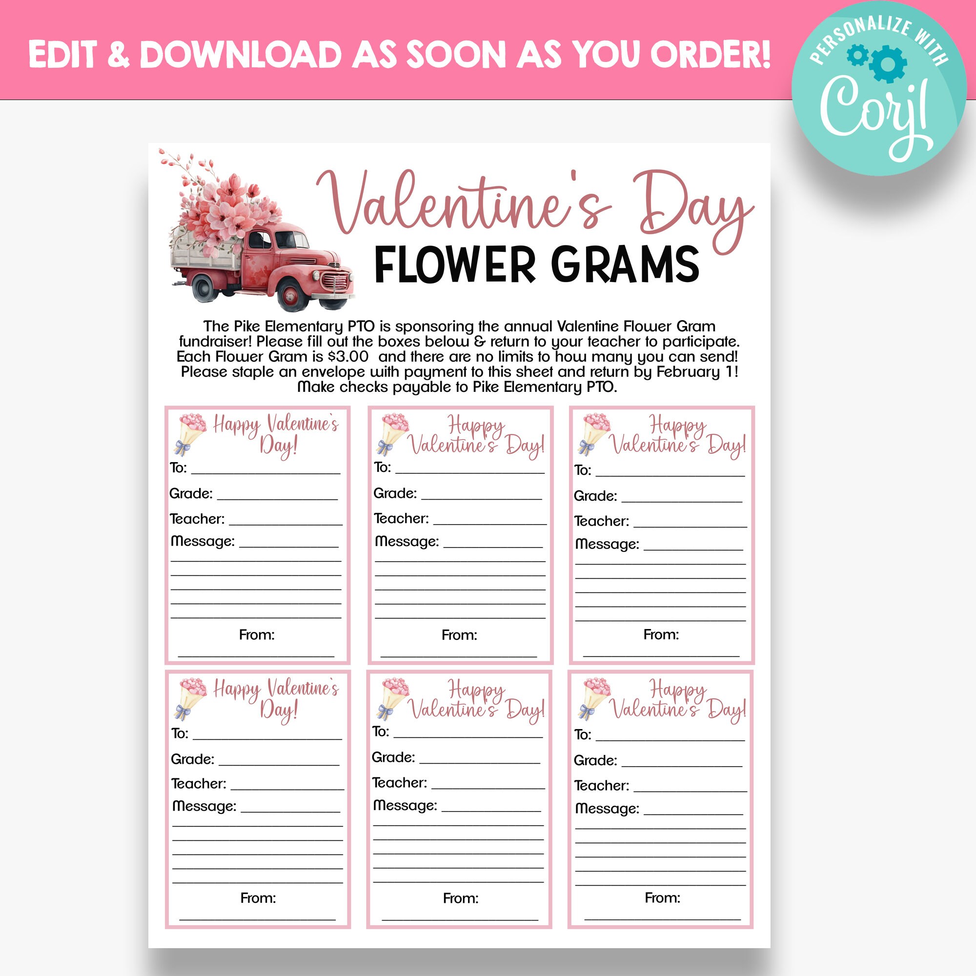EDITABLE Valentine's Day Flower Gram Flyer Valentine - Etsy