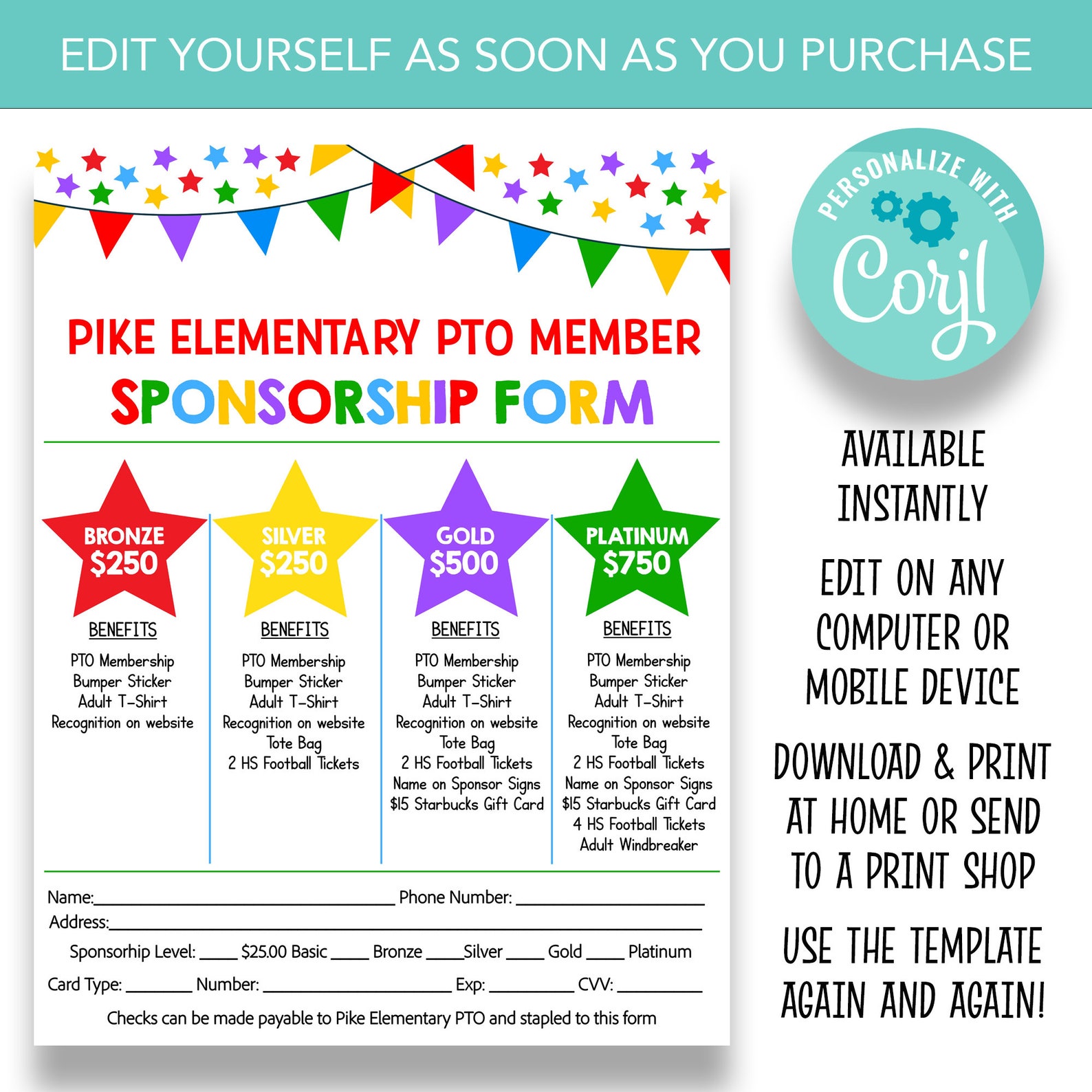 Editable PTO Sponsorship Form | PTA Membership Flyer | Printable School ...