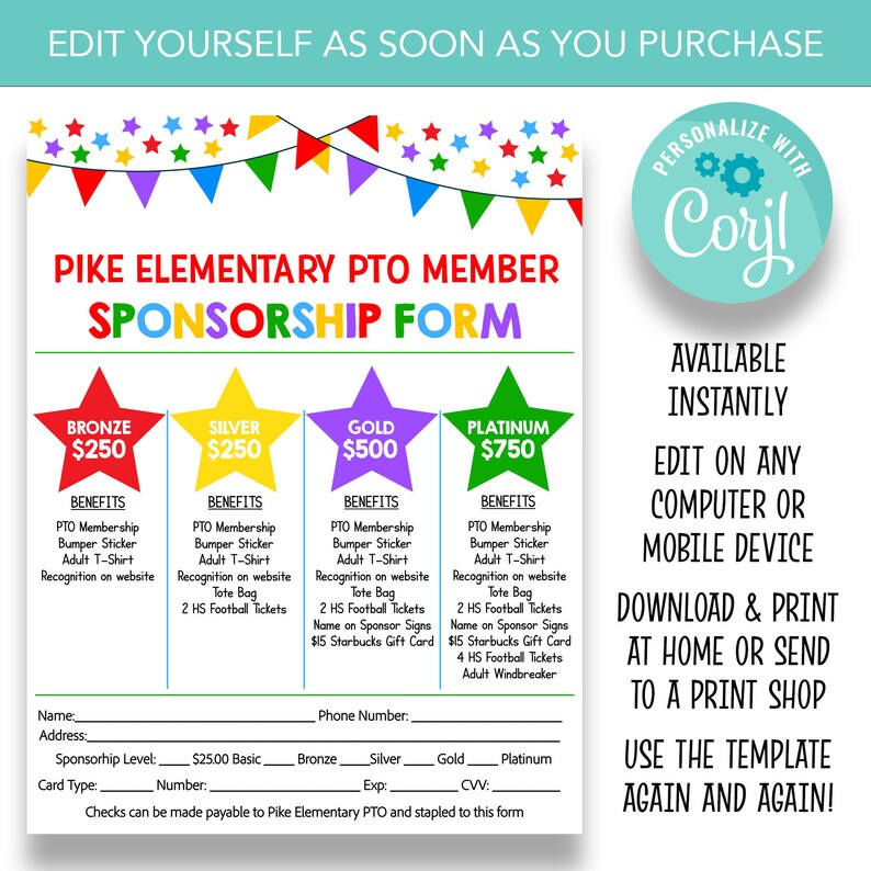 Editable PTO Sponsorship Form | PTA Membership Flyer | Printable School ...