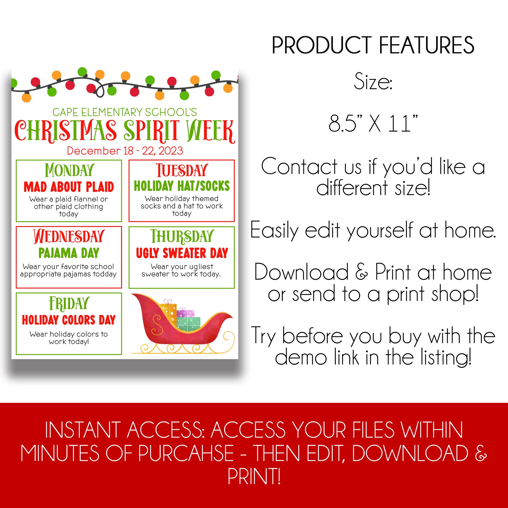 EDITABLE Christmas Spirit Week Itinerary | Holiday Spirit Week Flyer ...