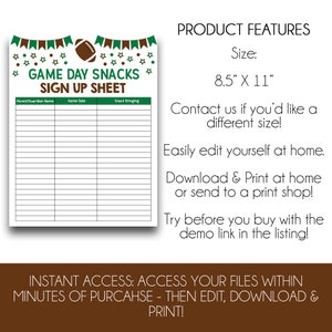 EDITABLE Football Snack Sign up Sheet | Game Day Snacks Sign up ...