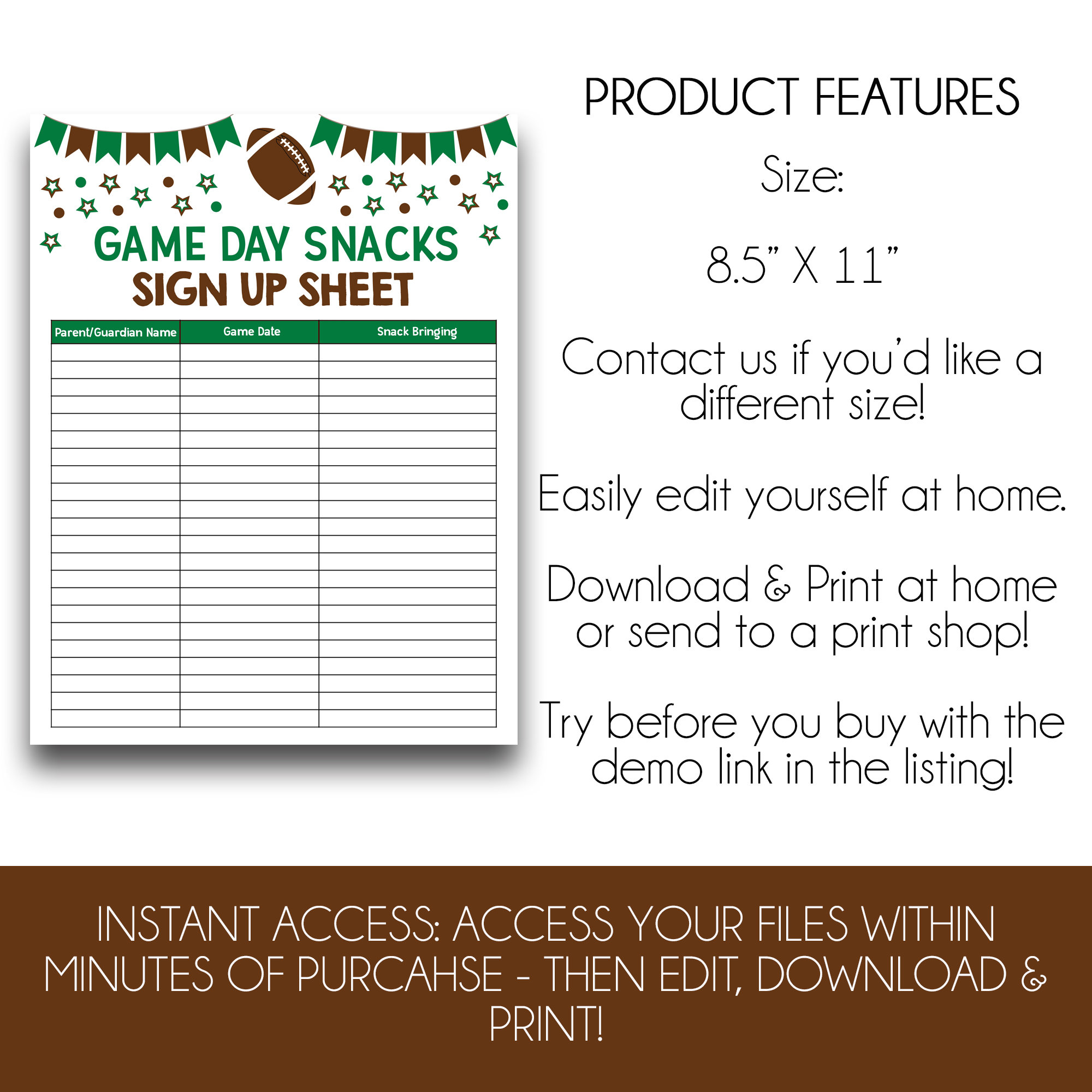 EDITABLE Football Snack Sign up Sheet | Game Day Snacks Sign up ...