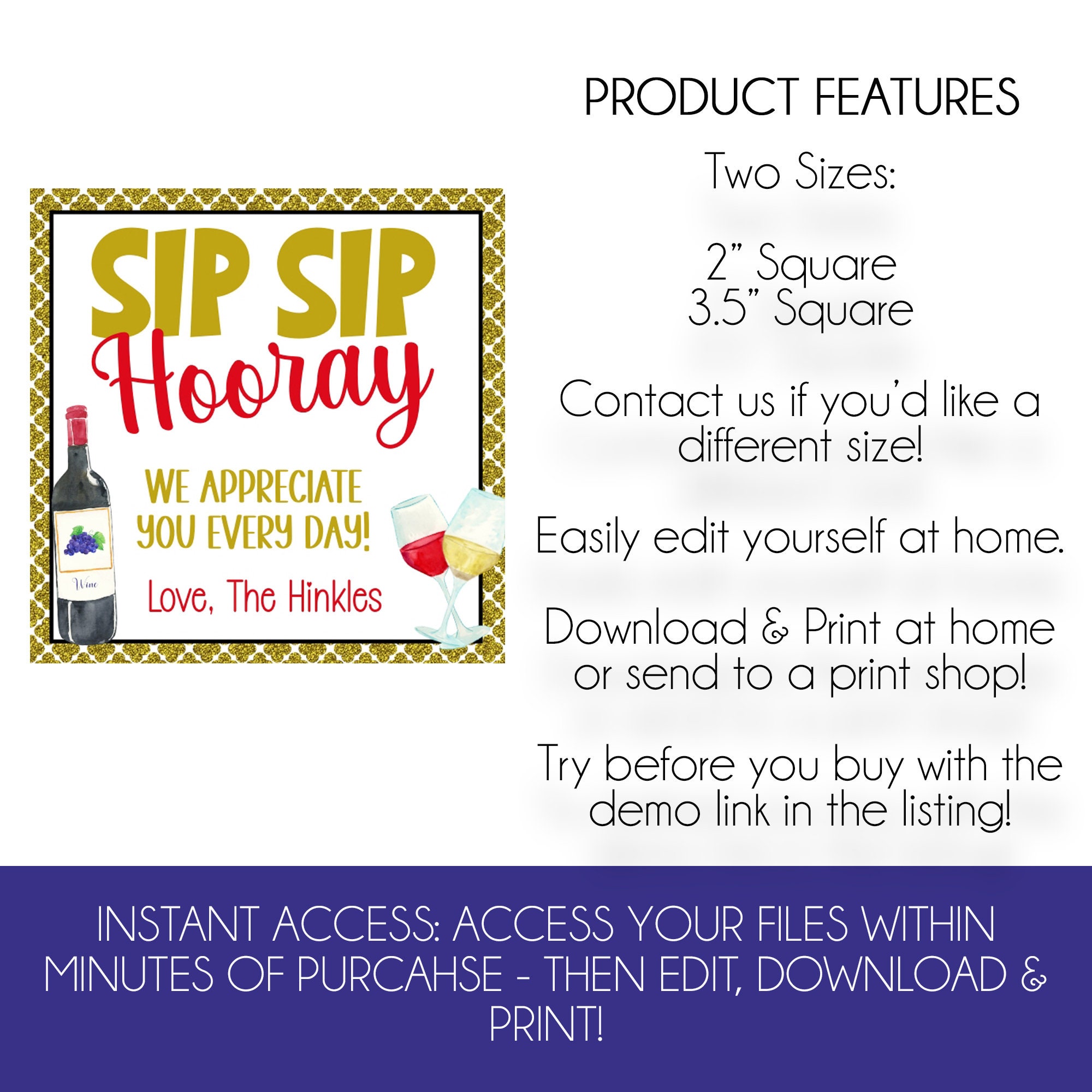 EDITABLE Sip Sip Hooray We Appreciate You Every Day Wine Gift - Etsy