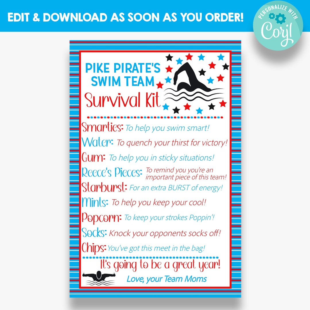 EDITABLE Swim Team Survival Kit Gift Tag | Swimmer Survival Kit Favor ...