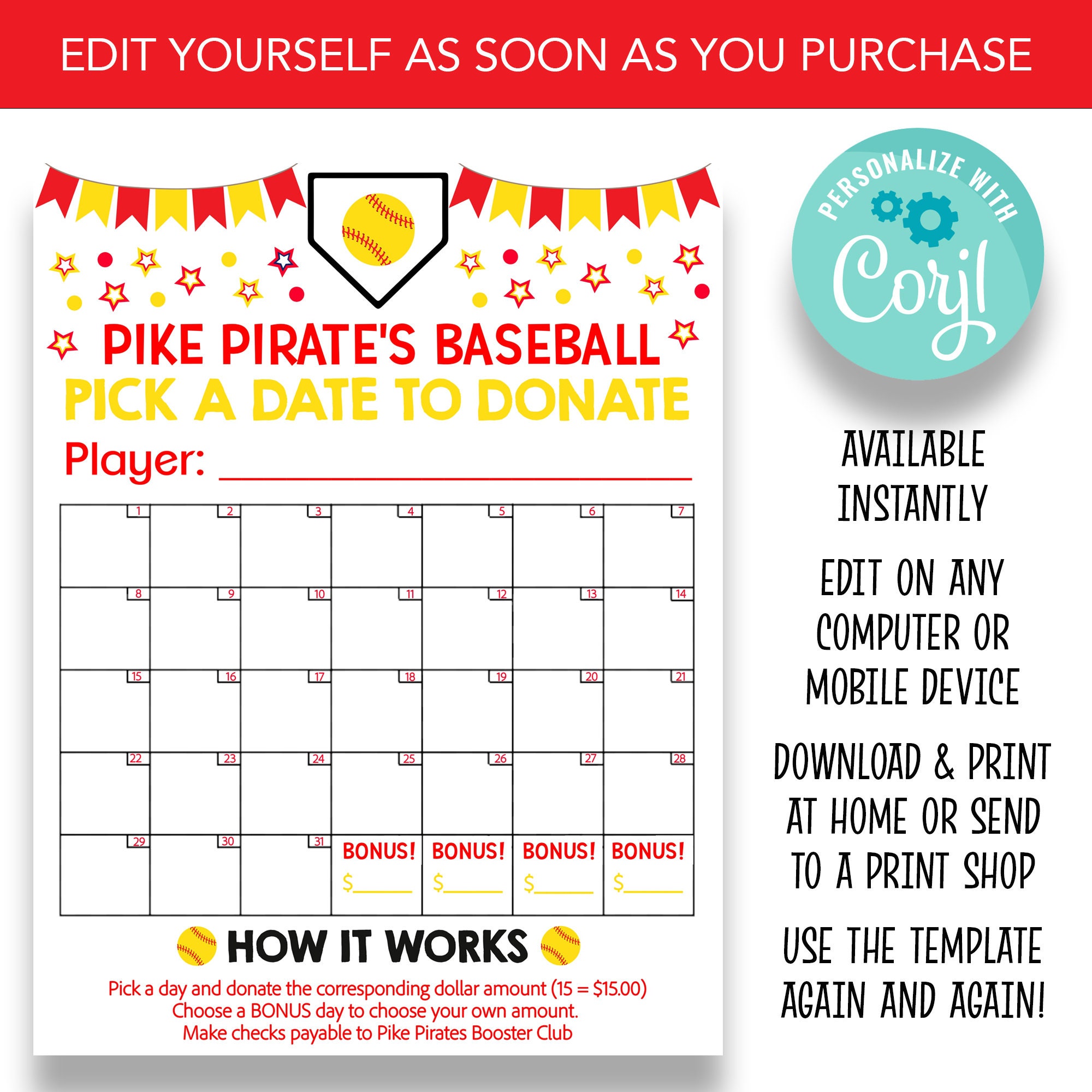 EDITABLE Pick a Date to Donate Printable Softball Team - Etsy