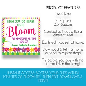 EDITABLE Thank You for Helping Us Bloom Square Gift Tags | End of Year ...