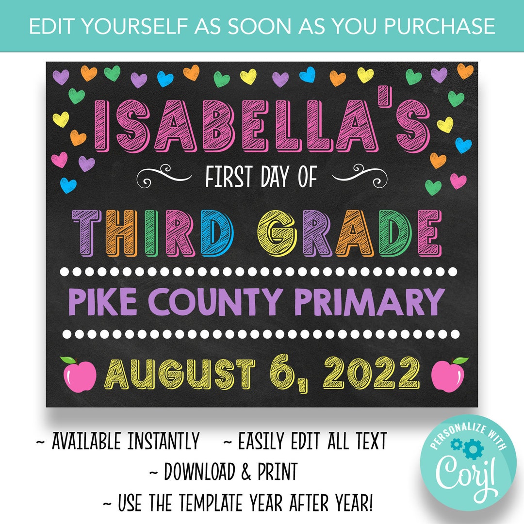 Editable Personalized First Day of Third Grade Sign | Pastel Chalkboard ...