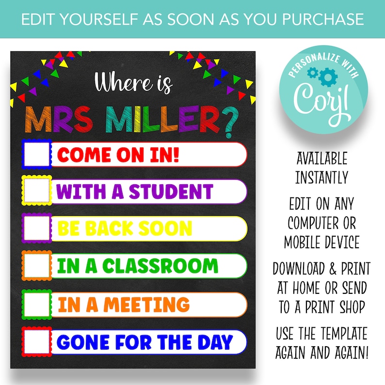 EDITABLE Where is the Teacher Sign | Bright Colors Chalkboard Where is ...