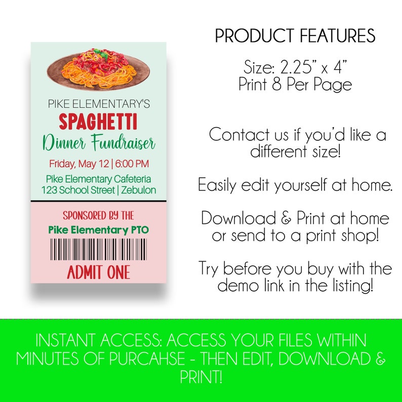 EDITABLE Spaghetti Dinner Fundraiser Flyer With Bonus Tickets - Etsy