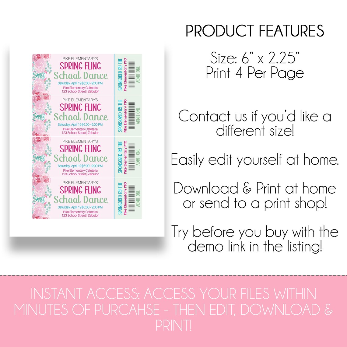 EDITABLE Spring Fling School Dance Tickets Printable School - Etsy