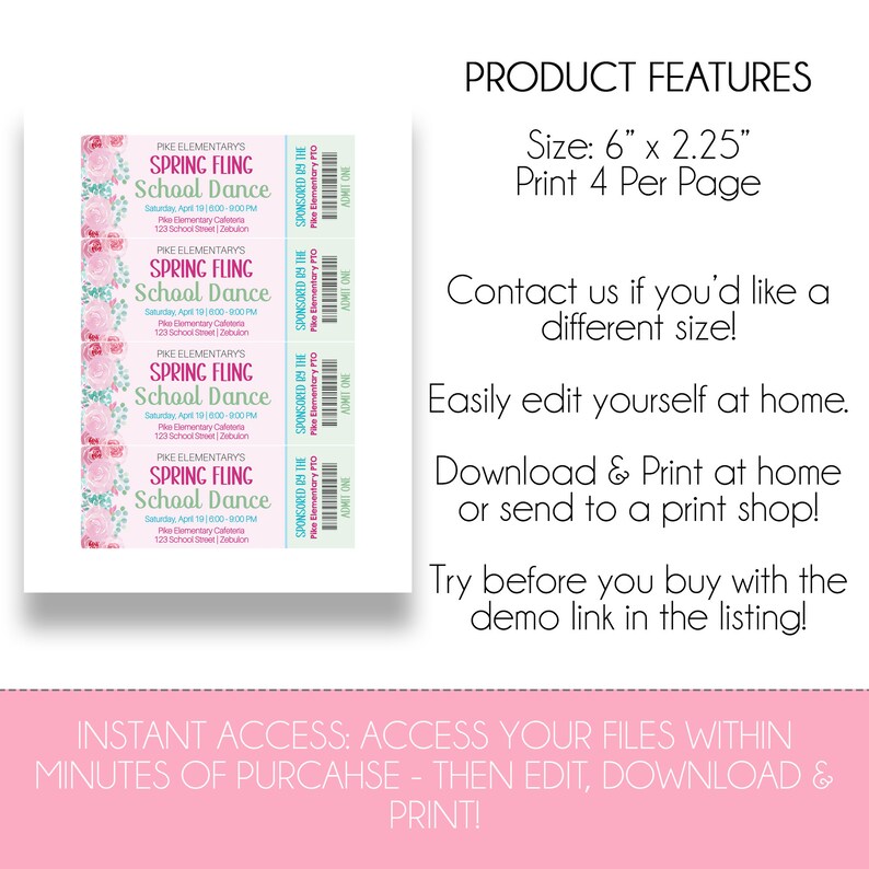 EDITABLE Spring Fling School Dance Tickets Printable School - Etsy
