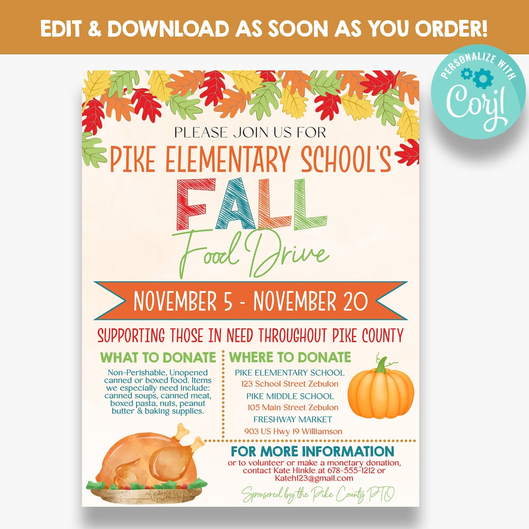 EDITABLE Fall Food Drive Flyer | Community Food Drive Fundraiser ...