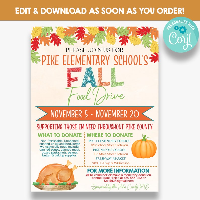 EDITABLE Fall Food Drive Flyer | Community Food Drive Fundraiser ...