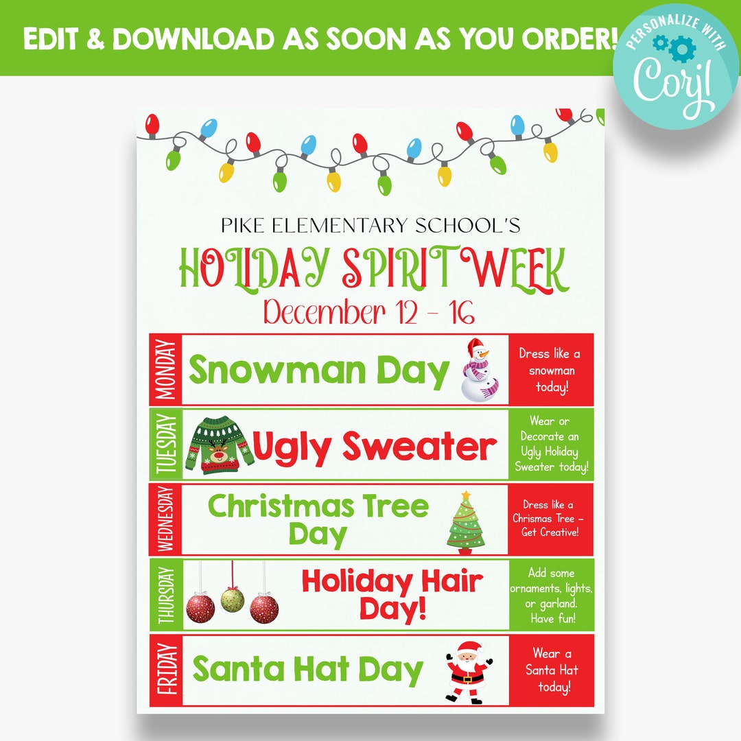 EDITABLE Holiday Spirit Week Flyer | Printable Winter Spirit Week ... EDITABLE Holiday Spirit Week Flyer | Printable Winter Spirit Week ...