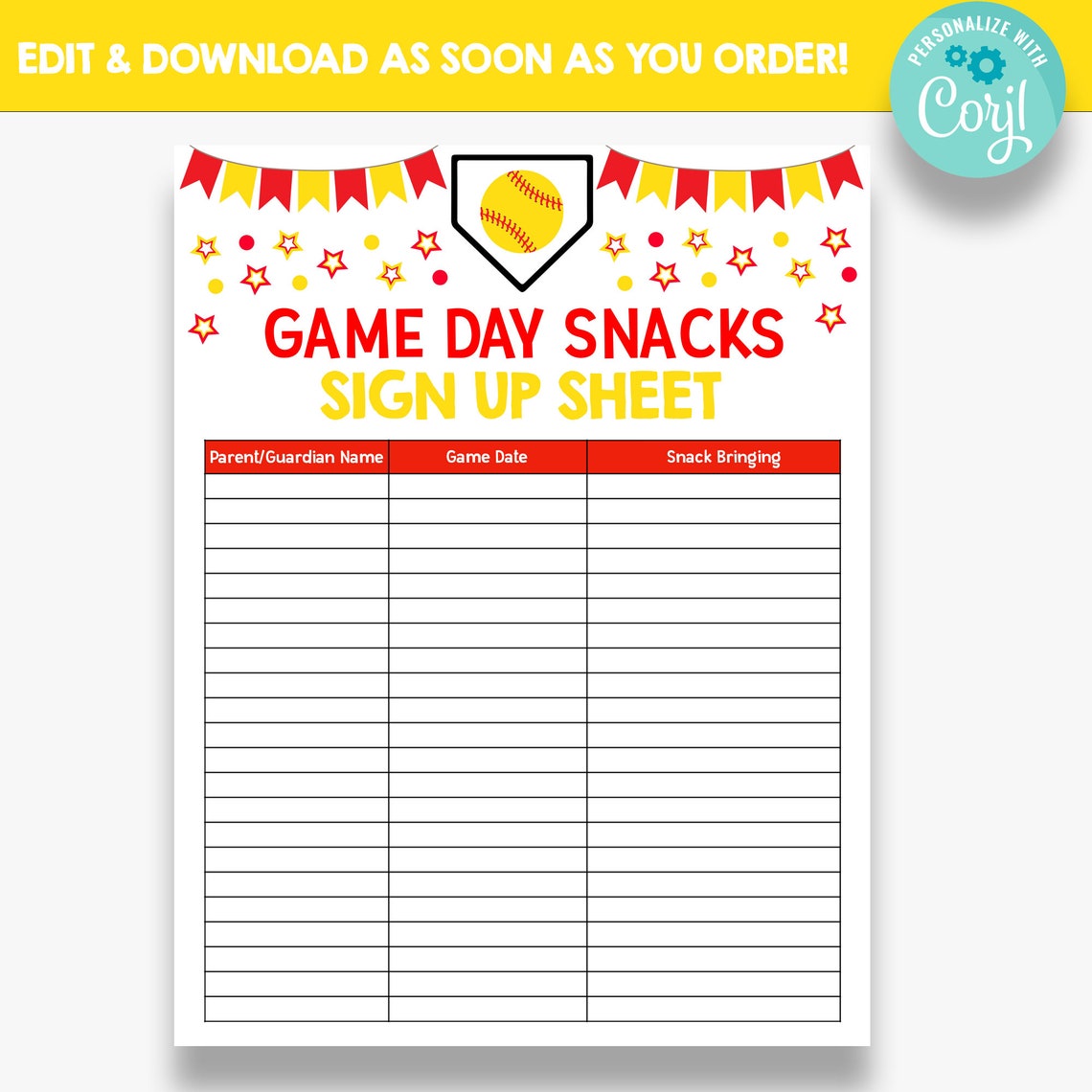 EDITABLE Softball Snack Sign up Sheet | Game Day Snacks Sign up ...