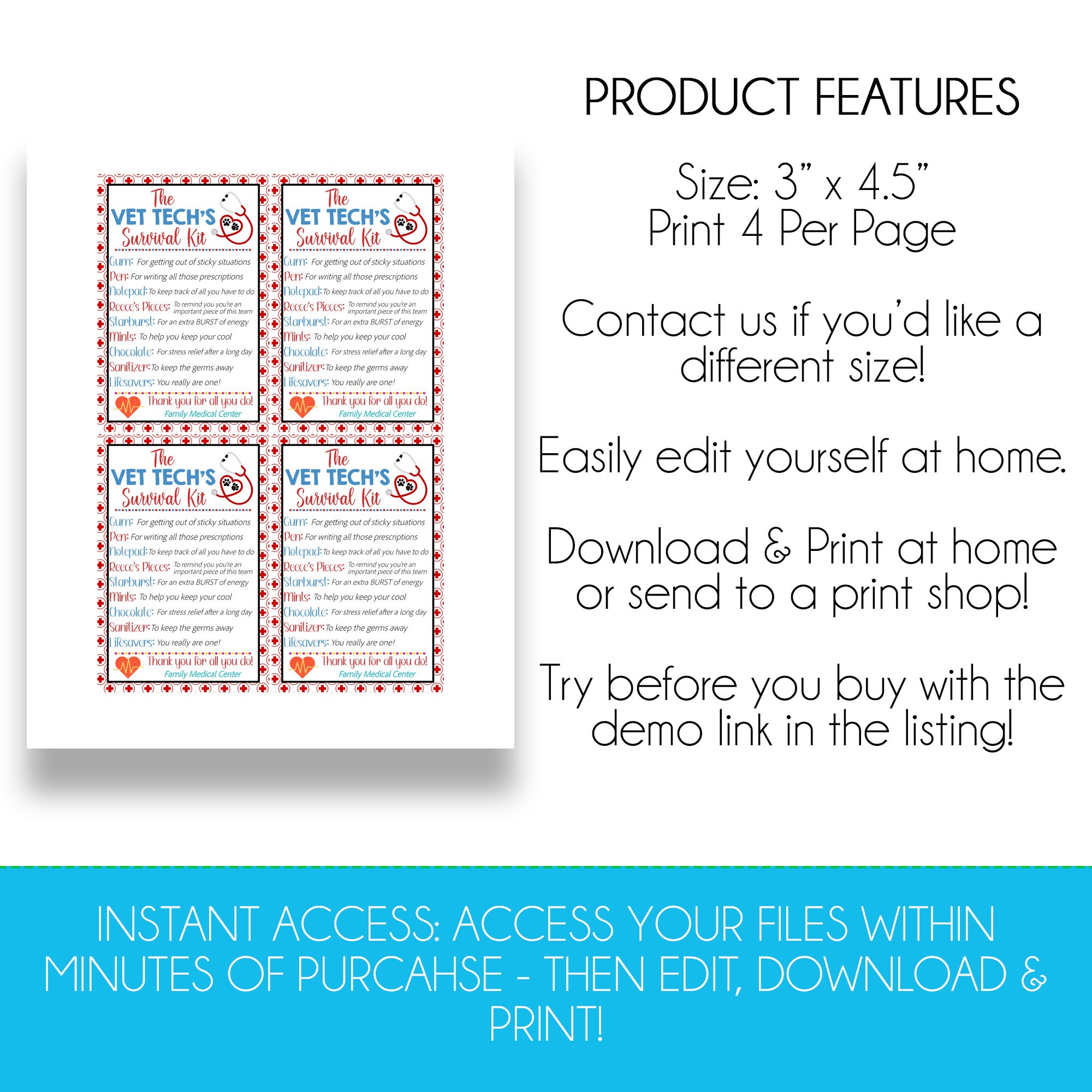 EDITABLE Vet Tech's Survival Kit Gift Tag | Vet Tech Thank You Gift Tag ...