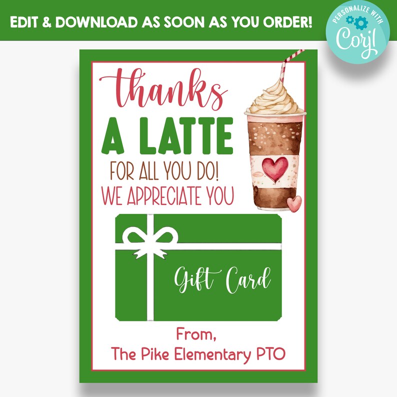 EDITABLE Thanks a Latte for All You Do Gift Card Holder - Etsy