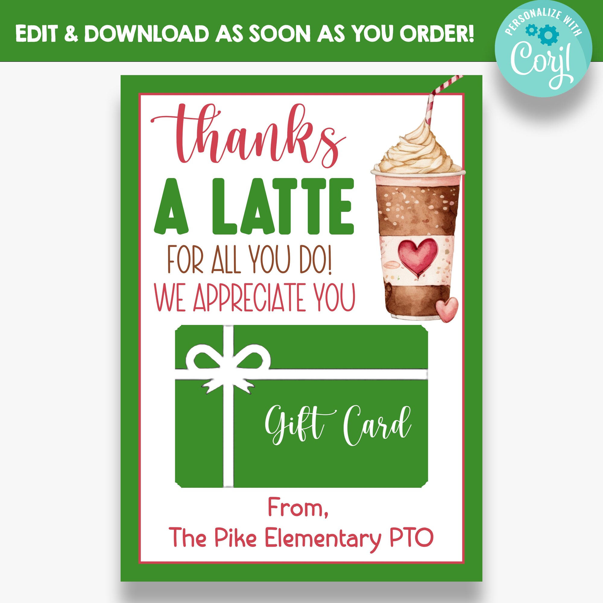 EDITABLE Thanks a Latte for All You Do Gift Card Holder - Etsy