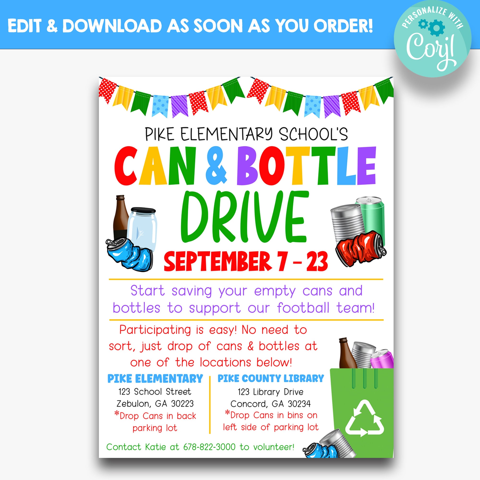 EDITABLE Bottle & Can Fundraising Drive Flyers | Reclycling Fundraiser ...