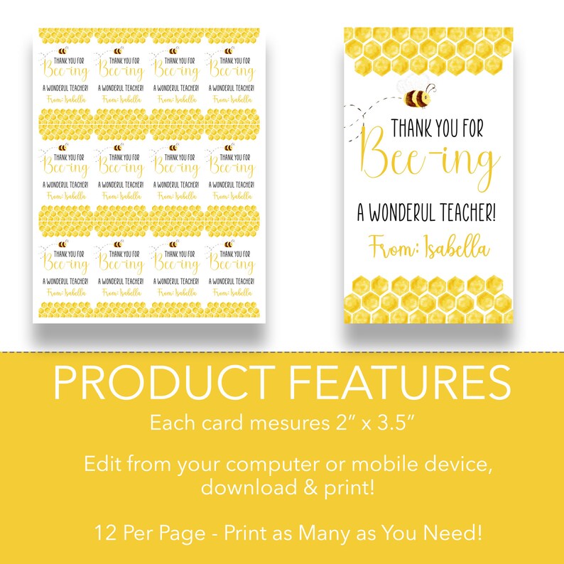 EDITABLE Thank You for Bee-ing the Best Teacher Gift Tags - Etsy