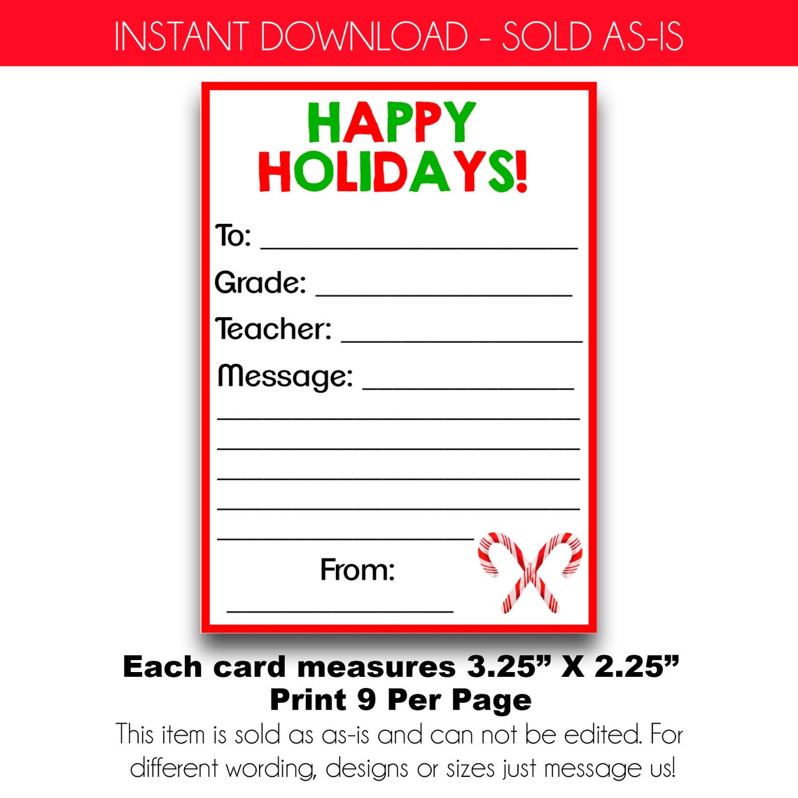 INSTANT DOWNLOAD | Happy Holiday's Candy Grams | Christmas Candy Gram ...