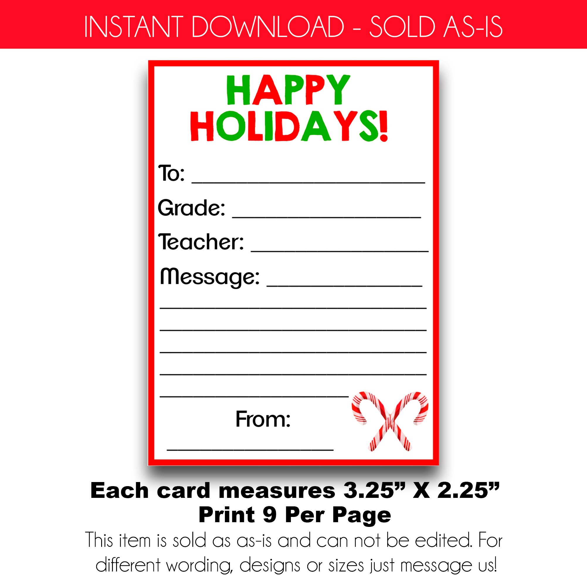 INSTANT DOWNLOAD | Happy Holiday's Candy Grams | Christmas Candy Gram ...