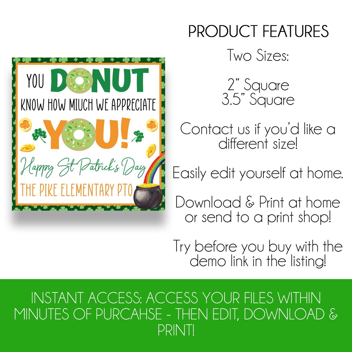 EDITABLE You Donut Know How Much We Appreciate You St. Patrick's Day ...