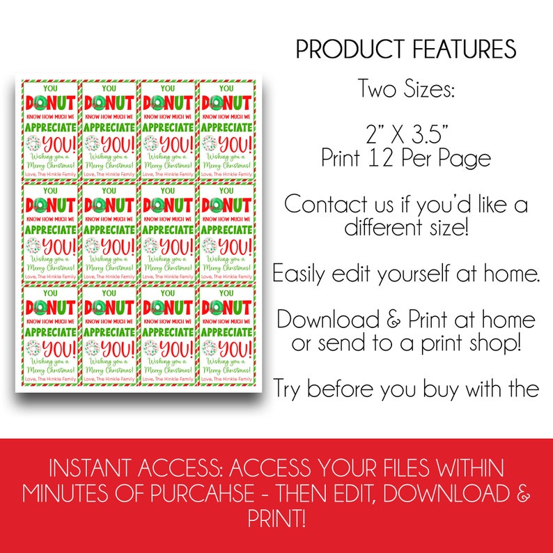 EDITABLE Christmas Donut Gift Tags | Donut Know How Much We Appreciate ...
