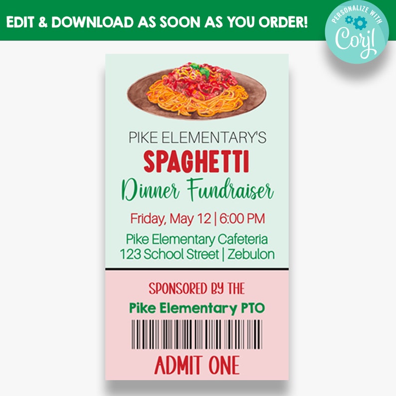 EDITABLE Spaghetti Dinner Fundraiser Flyer With Bonus Tickets - Etsy