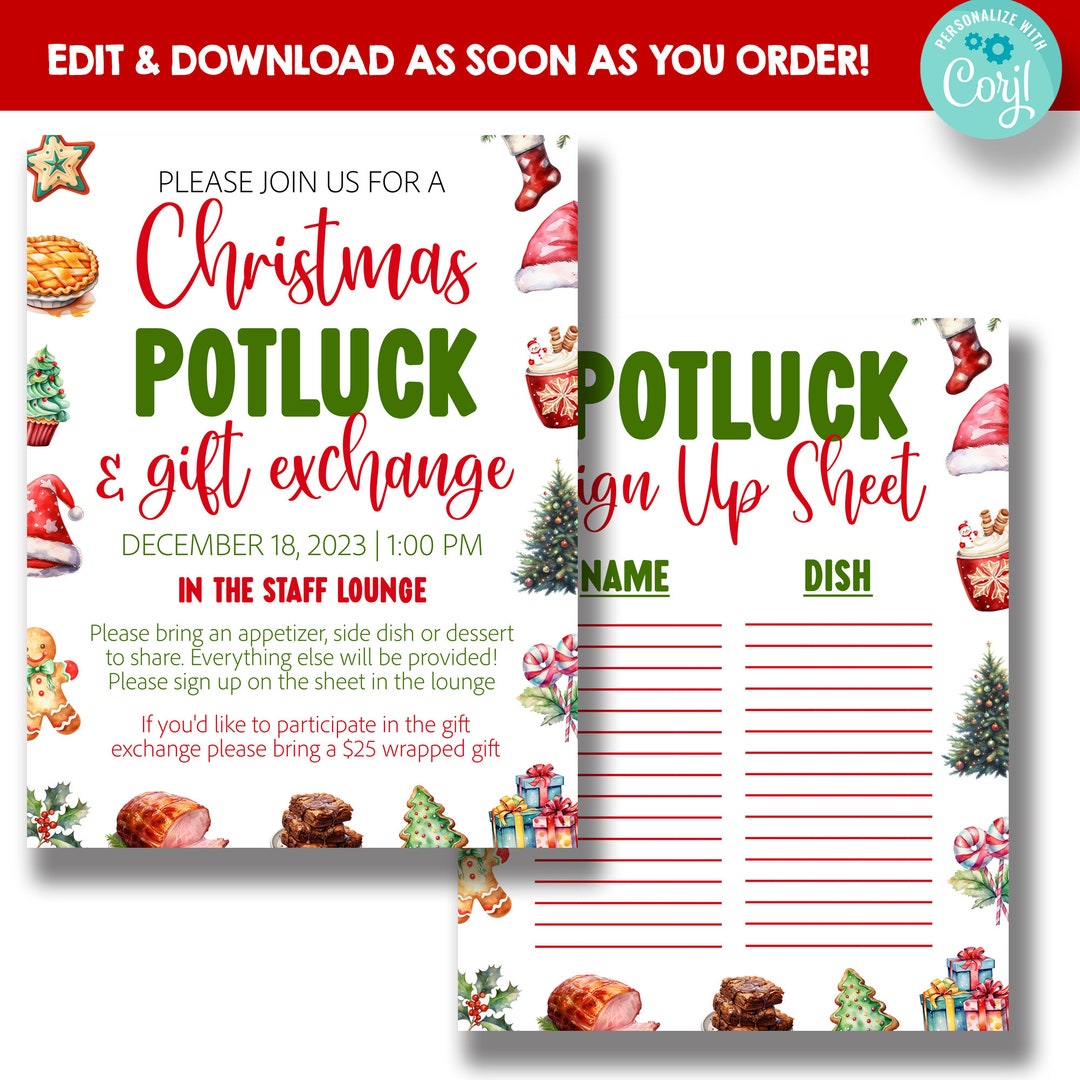 EDITABLE Christmas Potluck Flyer | Christmas Potluck Sign up Sheet ...