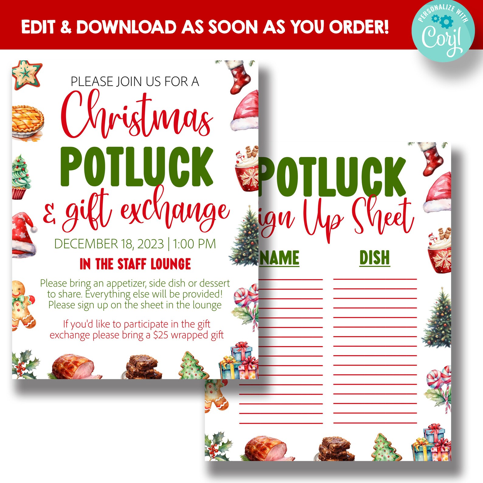 EDITABLE Christmas Potluck Flyer | Christmas Potluck Sign up Sheet ...