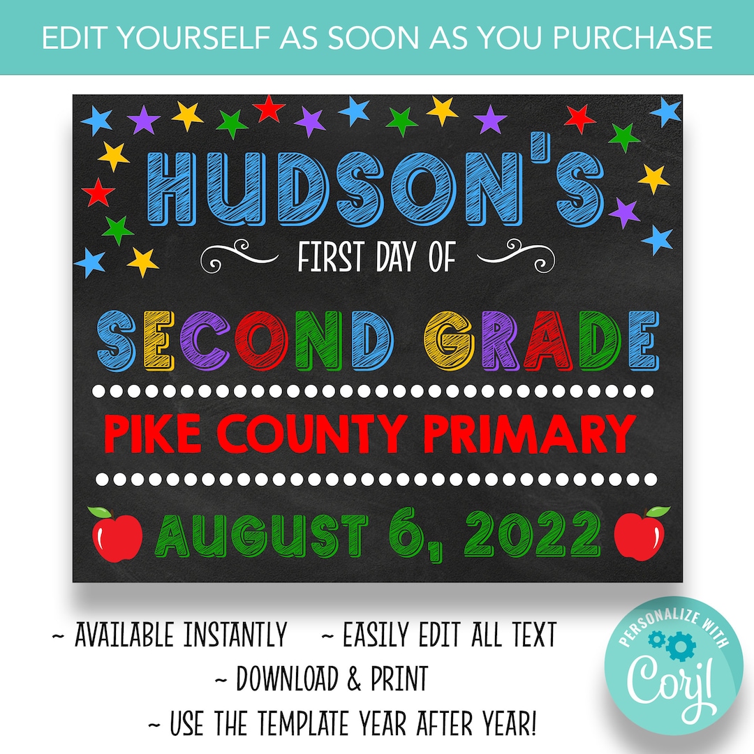 Editable Personalized First Day of Second Grade Sign | Bright ...
